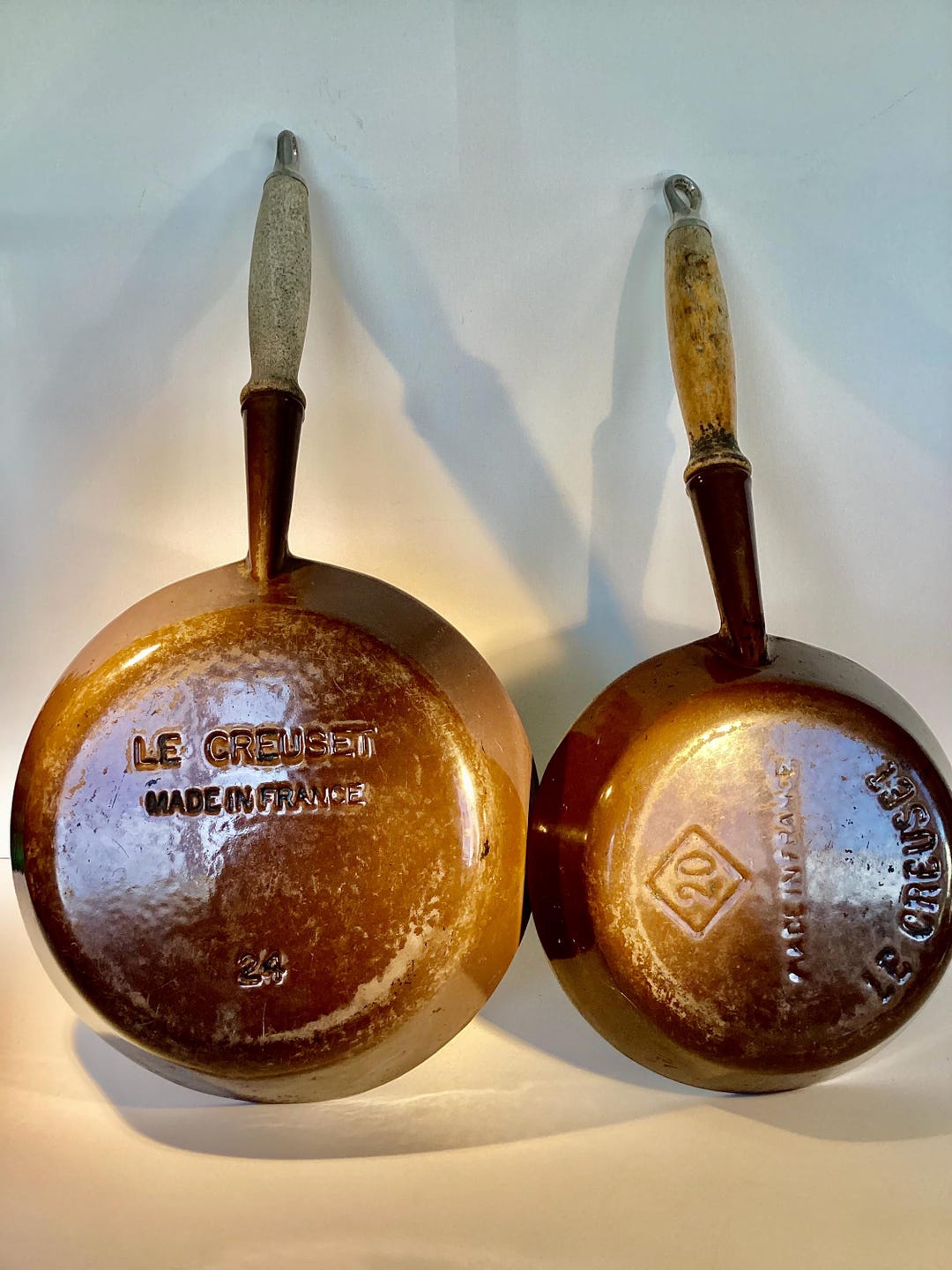 2 Vintage Le Creuset Brown Enameled Cast Iron Wood Handle Skillets ...