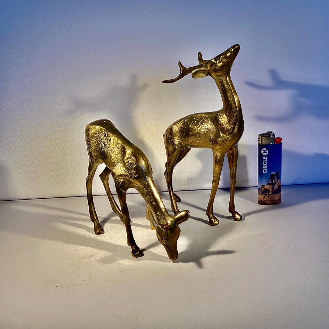 Brass Deer Figurines Pair of Solid Metal Statues Shelf Decoration Home ...