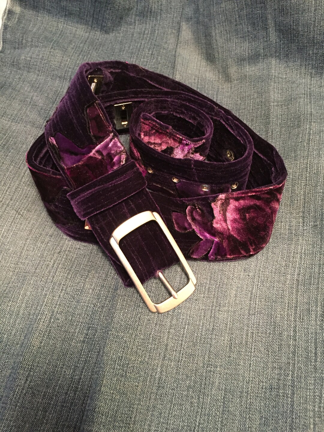 Velvet Fabric Belt, Long, Dark Purple Floral Velvet, Silver Buckle ...