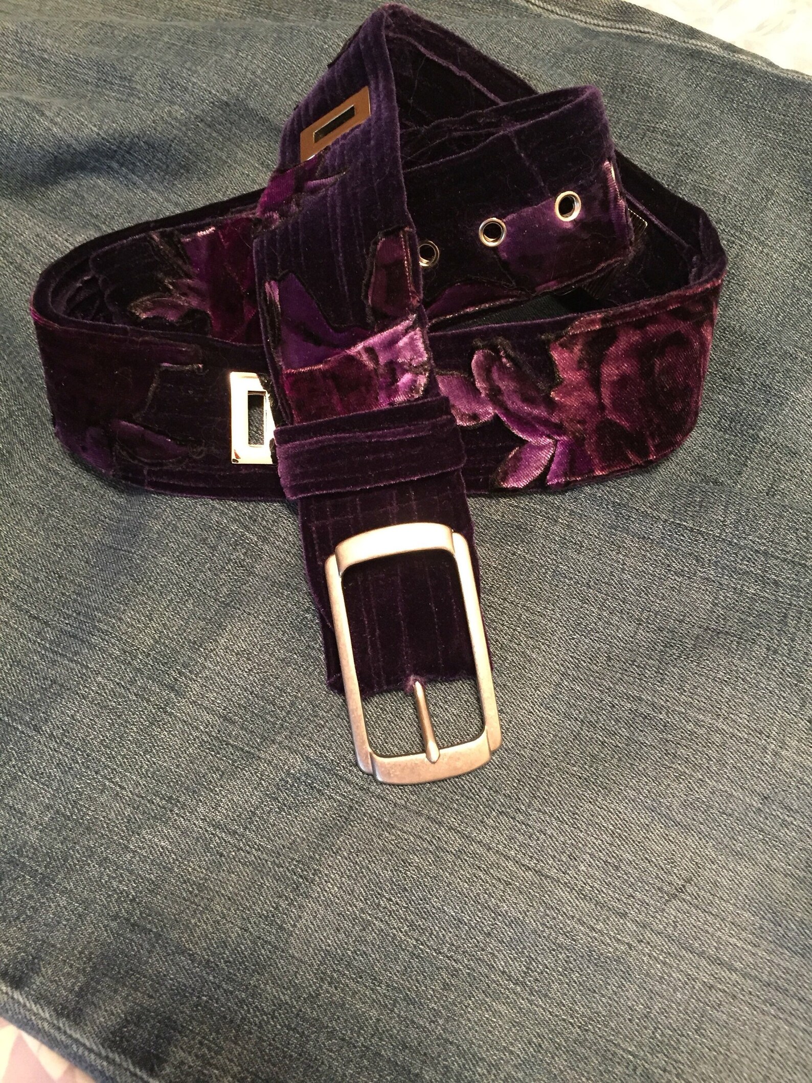 Velvet Fabric Belt Long Dark Purple Floral Velvet Silver - Etsy