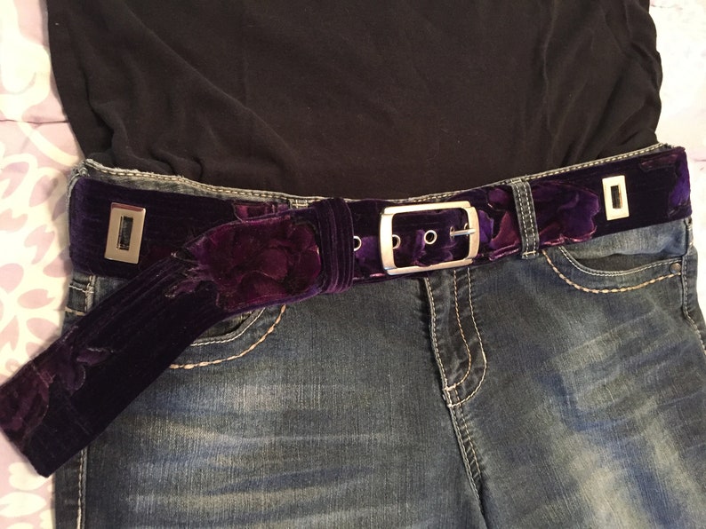Velvet Fabric Belt Long Dark Purple Floral Velvet Silver - Etsy