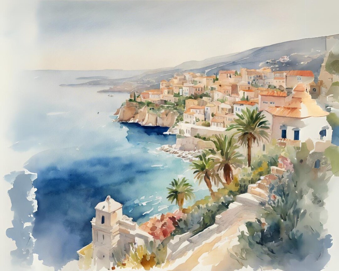 Mediterranean Coast Water Color Painting - Greece Italy With Flowers ...
