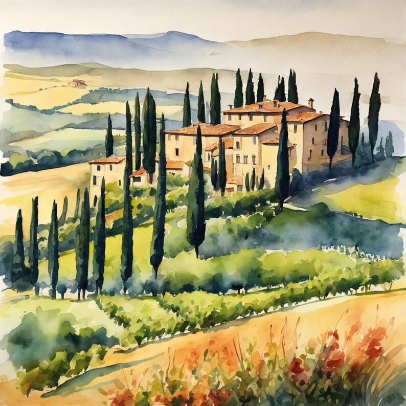 Tuscan Villa Watercolor Print Tuscany Italy Sienna Italian Countryside ...