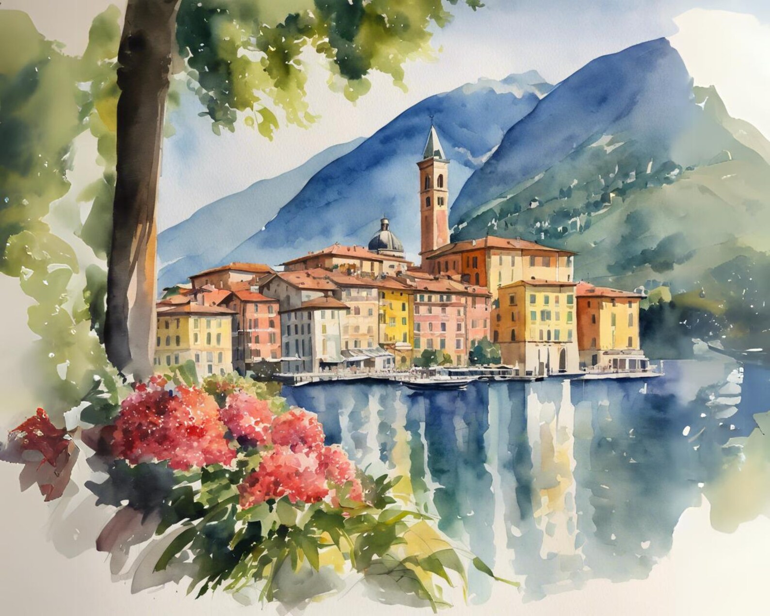 Lake Como Italy Watercolor Italian Shops With Flowers and Boats ...