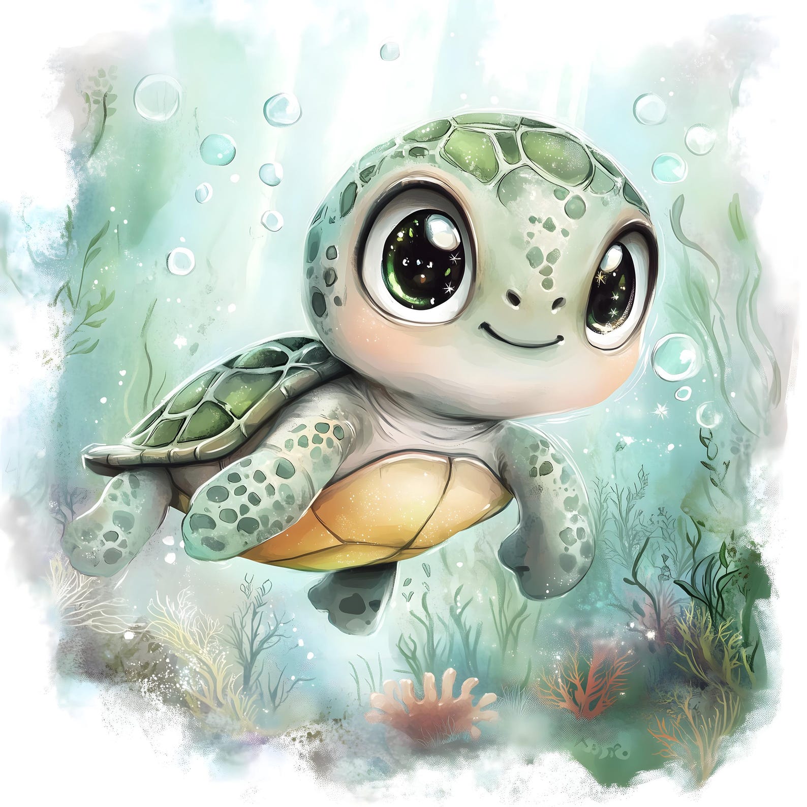 Watercolor Sea Turtle Digital Art | Whimsical Ocean Animal Printable ...