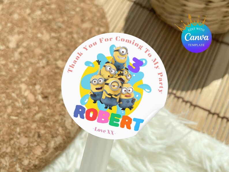 Cartoon Editable Birthday Sticker, Minion Editable Tags, Cartoon Thank ...