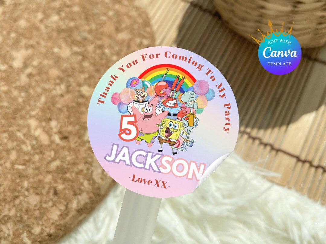 Sponge Bob Editable Birthday Sticker, Cartoon Thank You Sticker, Sponge ...