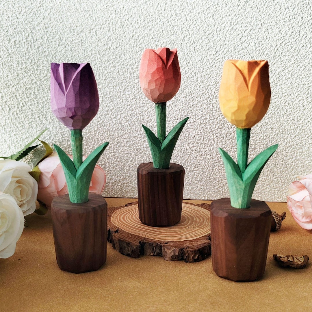 Handmade Wooden Flower Figurine, Wood Tulip Sculpture, Handcrafted ...