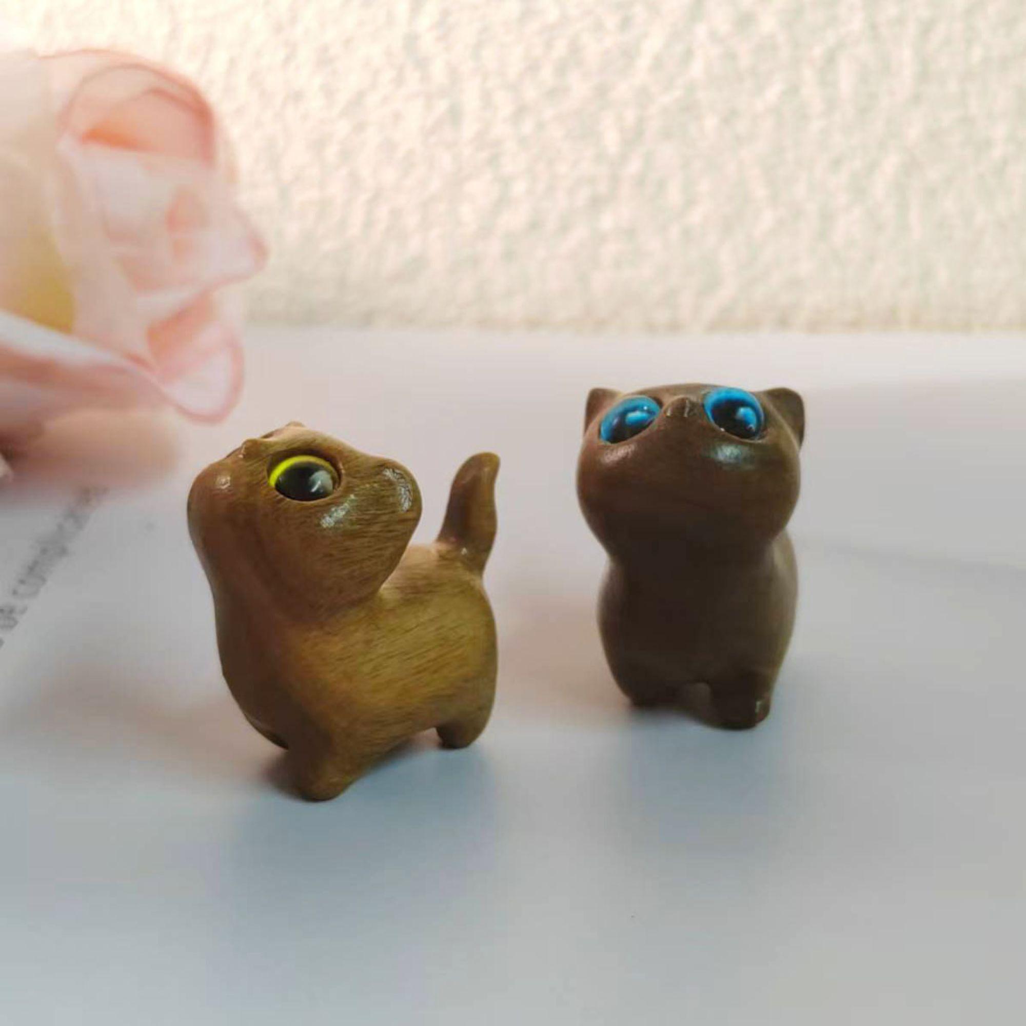Handmade Wooden Cat Pussy Figurine Natural Wood Sculpture Cat Wooden