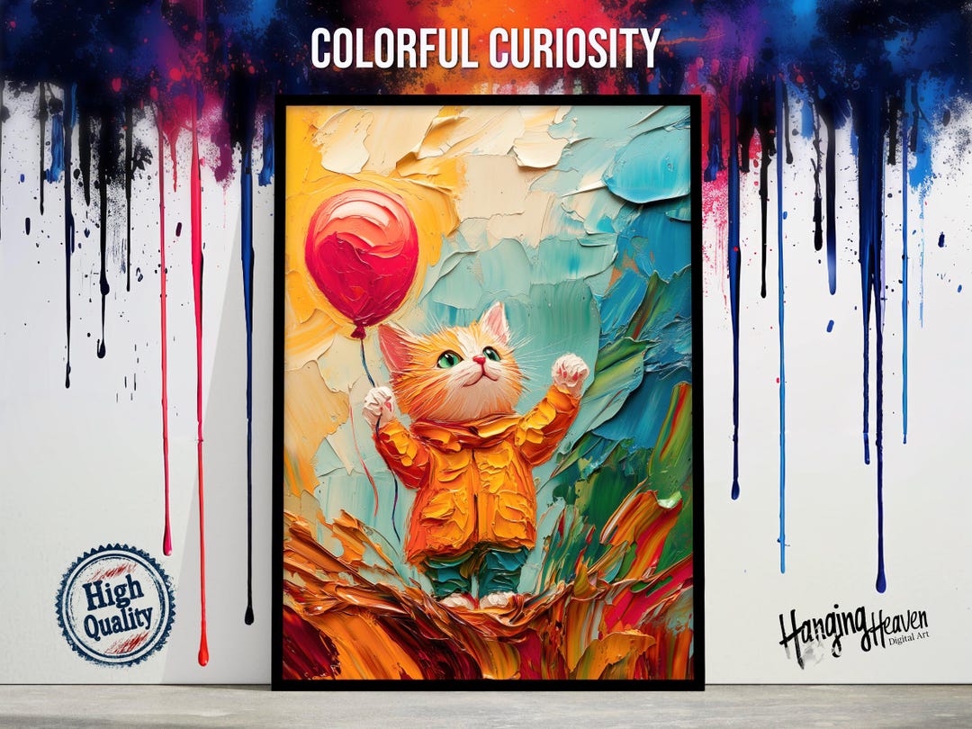 Printable colorful Curiosity Poster, Playful Kitten, Vibrant Art ...