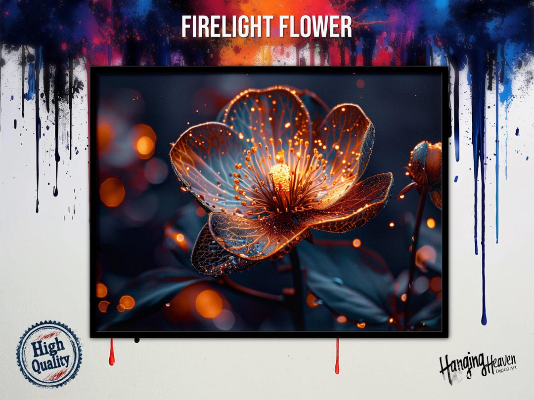 Printable firelight Flower Poster, Glowing Flower Print, Luminous ...