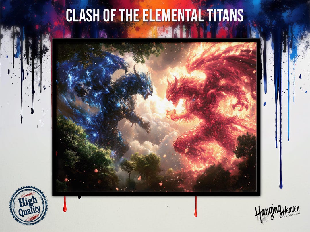 Printable Poster clash of the Elemental Titans, Fantasy Battle Wall Art ...