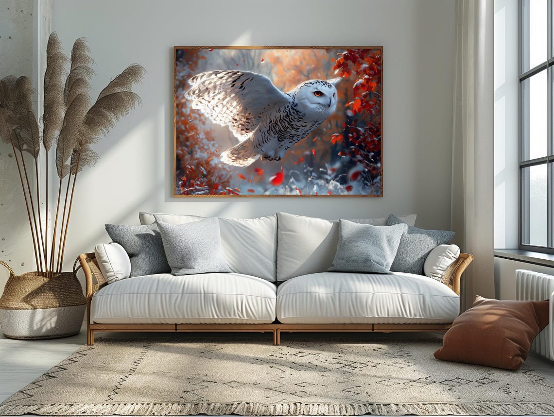 Printable snowy Sentinel Poster, Snowy Owl, Autumn Forest, Wildlife Art ...