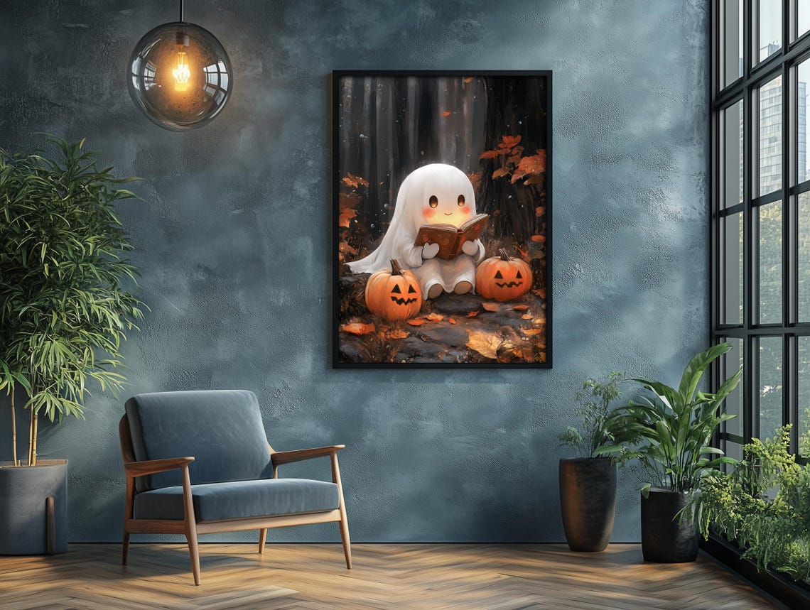 Printable halloween Night Read Poster, Halloween Art, Cozy Halloween ...