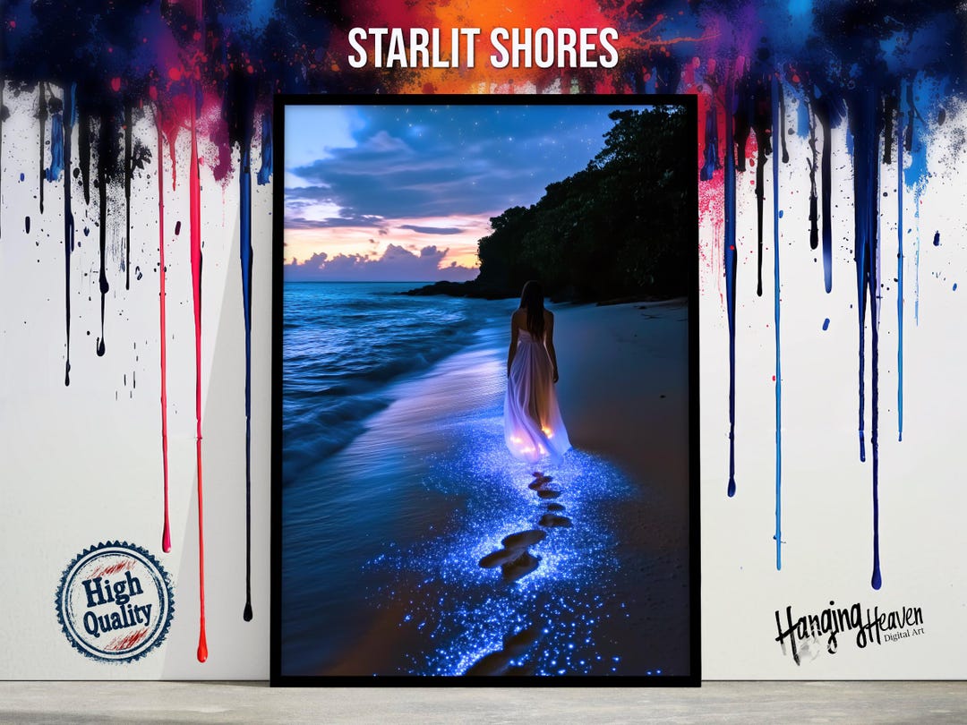 Printable "starlit Shores" Poster, Bioluminescent Beach, Night Sky ...