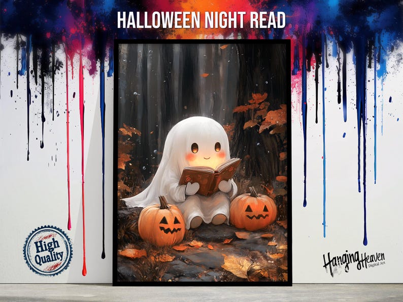 Printable halloween Night Read Poster, Halloween Art, Cozy Halloween ...