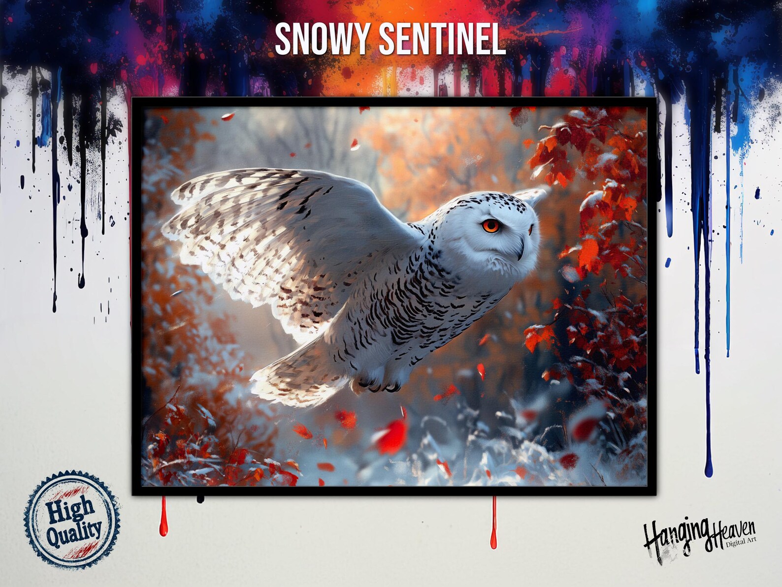 Printable "snowy Sentinel" Poster, Snowy Owl, Autumn Forest, Wildlife ...
