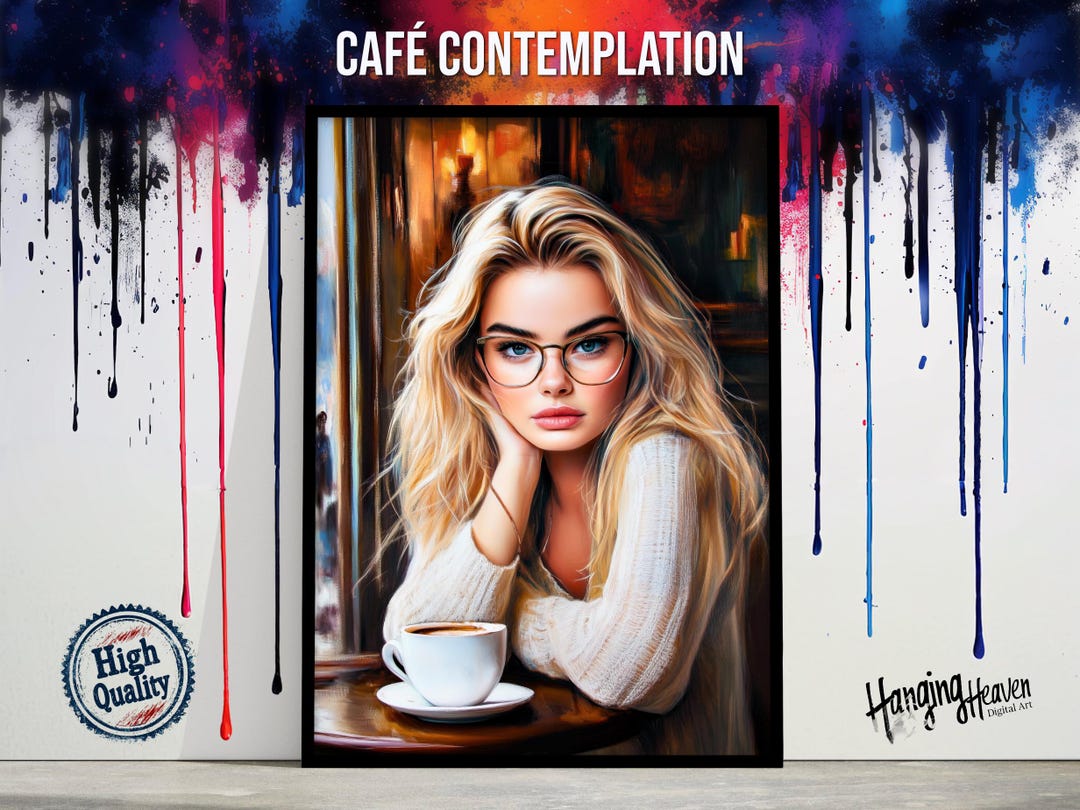 Printable Poster café Contemplation, Coffee Shop Art,thoughtful Woman ...