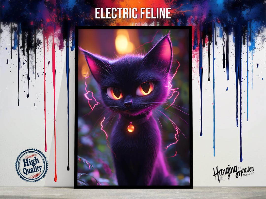 Printable Poster electric Feline, Black Cat Art, Mystical Decor ...