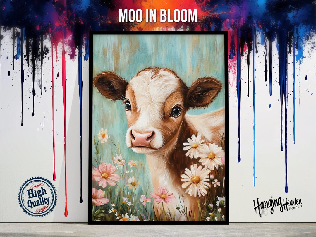 Printable Poster moo in Bloom, Calf Art, Spring Decor, Farmhouse Print ...