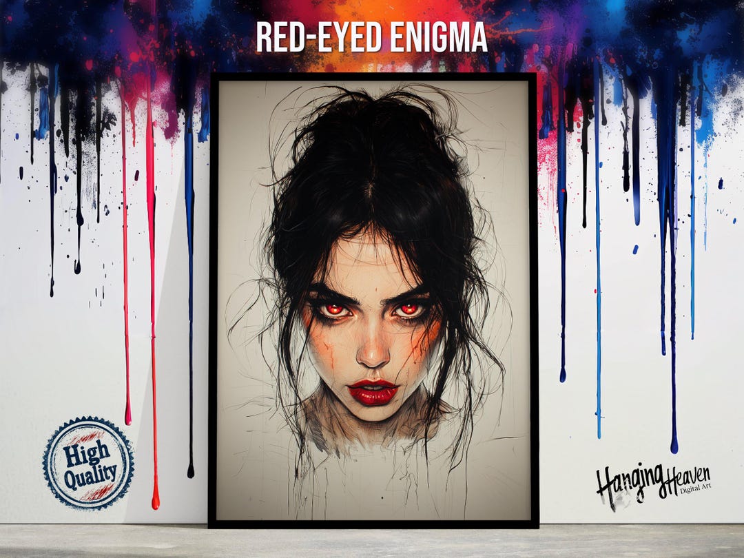 Printable red-eyed Enigma Poster, Mysterious Woman, Intense Gaze, Dark ...