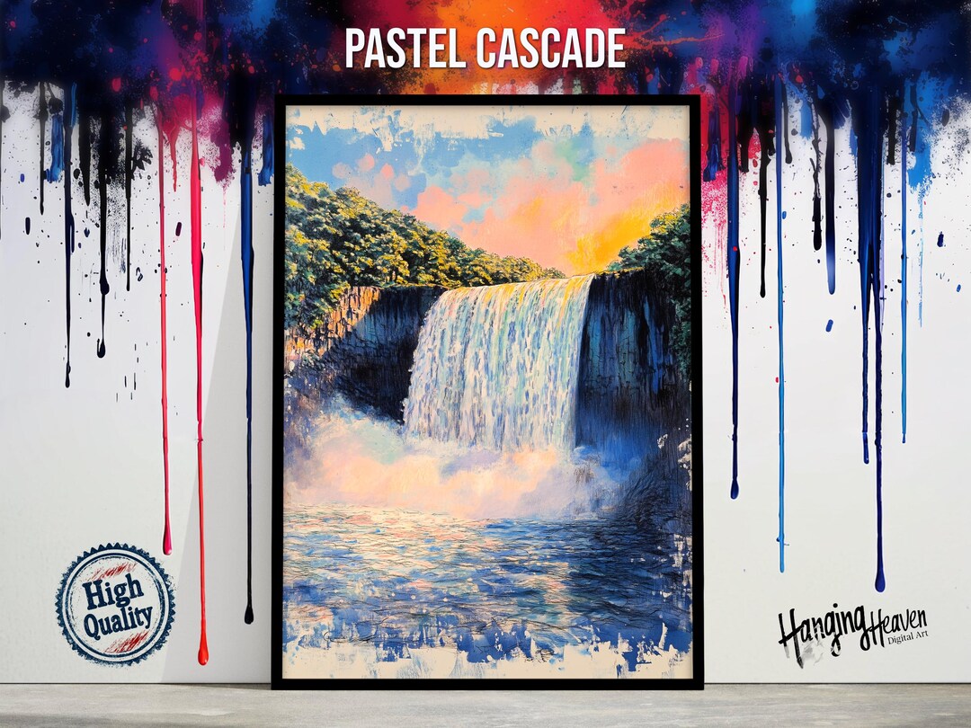 Printable pastel Cascade Poster, Waterfall Art, Pastel Landscape ...