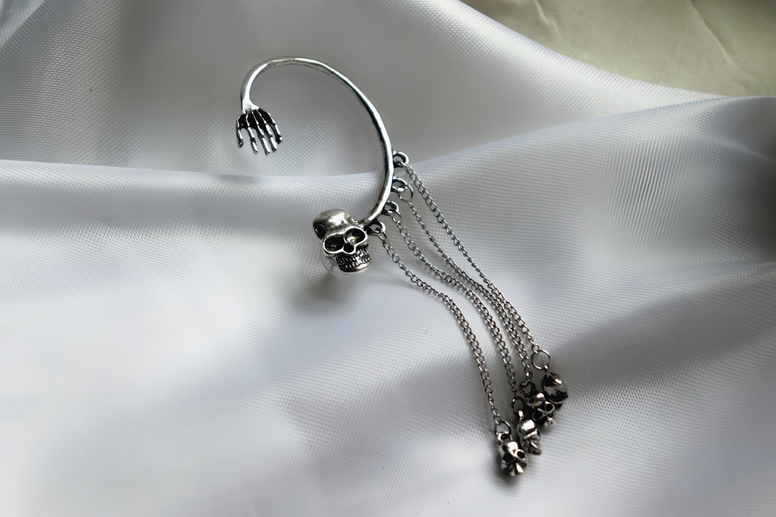 Gothic Earring Cuff, Skeleton Head and Hand Earring Cuff, Skeleton ...