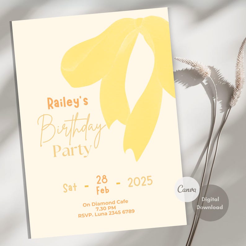 Yellow Bow Invitation Birthday Party Template Soft Yellow Pastel Ribbon ...