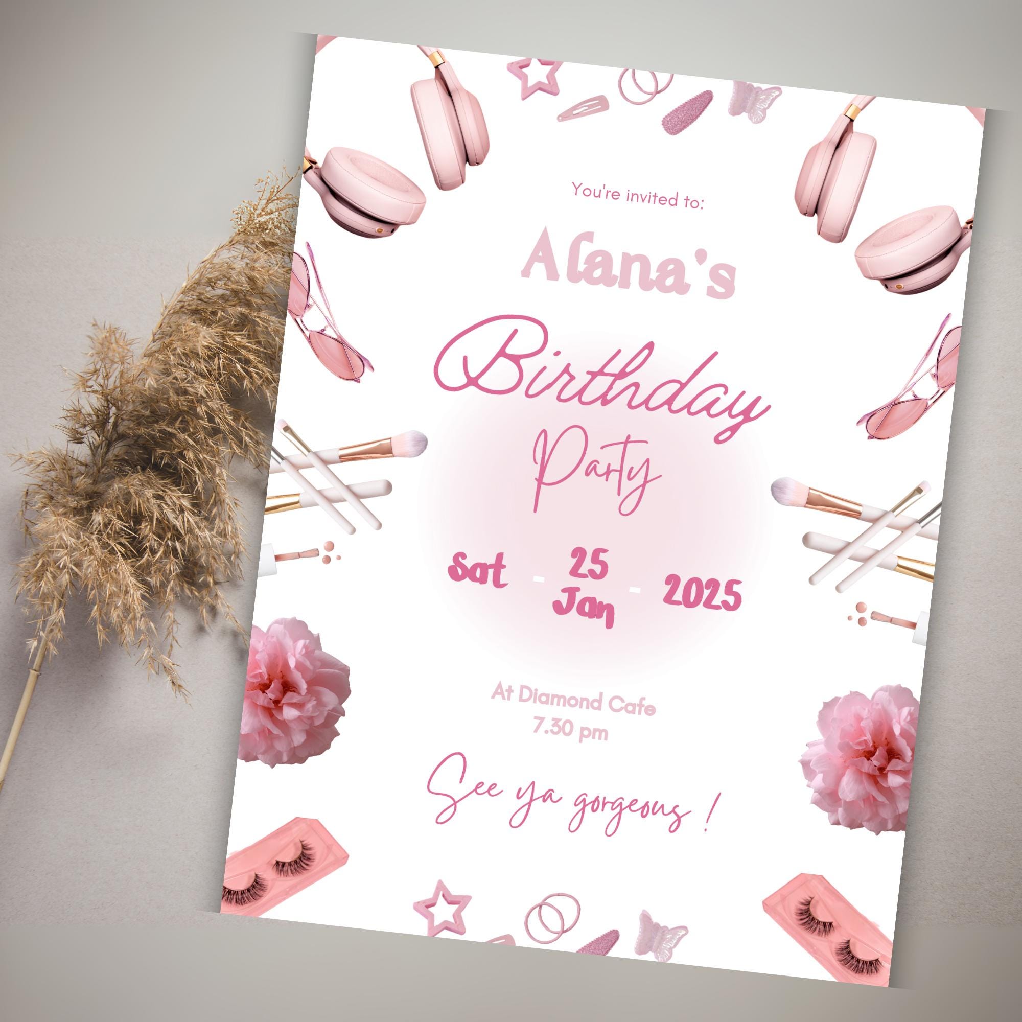 Pink Birthday Invitation Card Template Girl Birthday Invite Editable ...