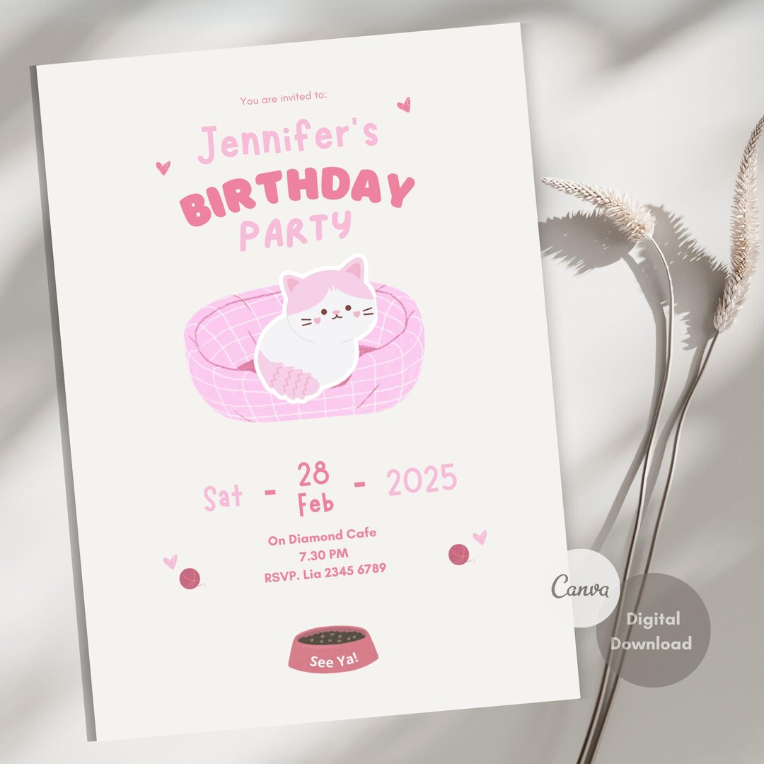 Pink Cat Birthday Card Invitation Template Kitty Party Invite Editable ...