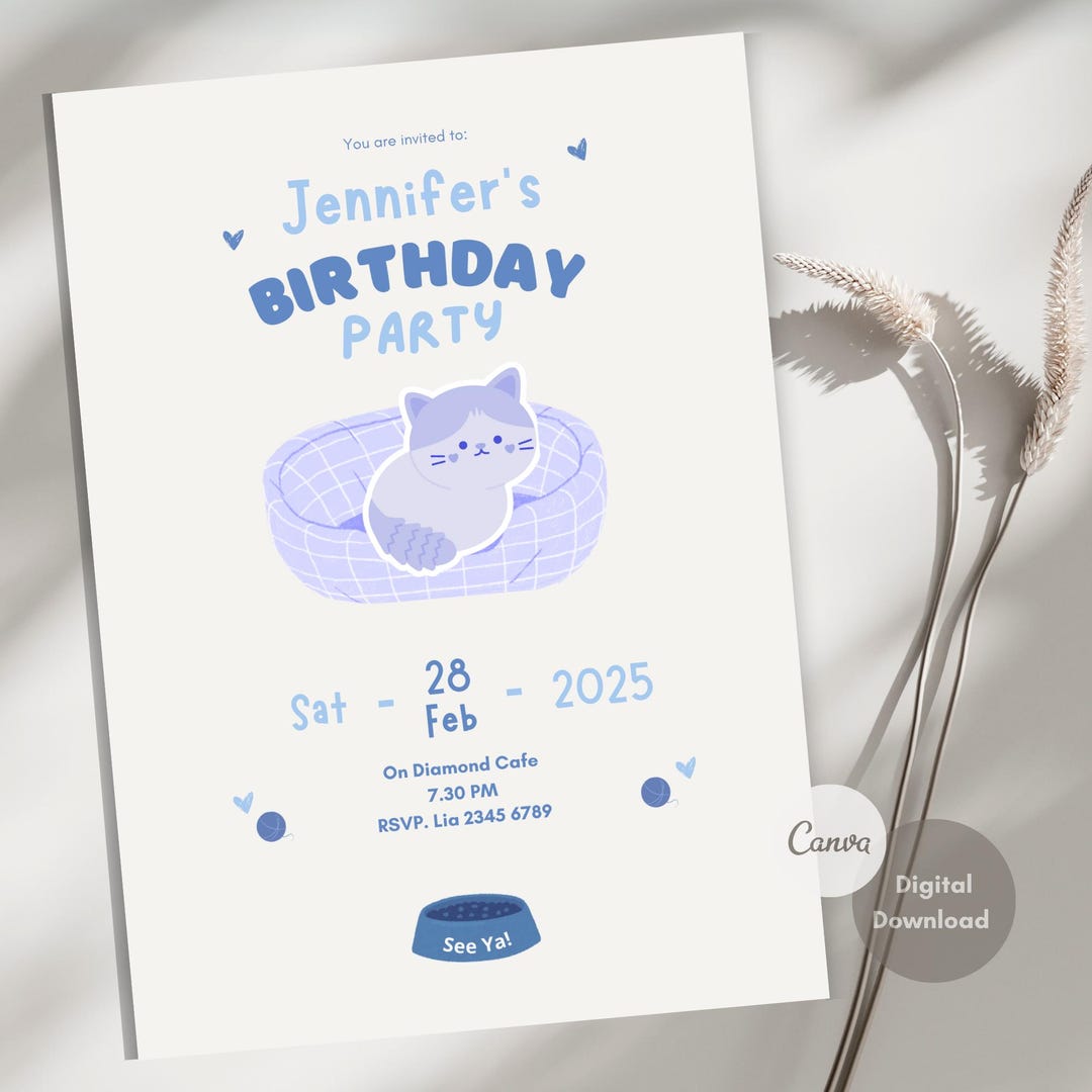 Blue Cat Birthday Invitation Card Template Editable Invitation Card ...