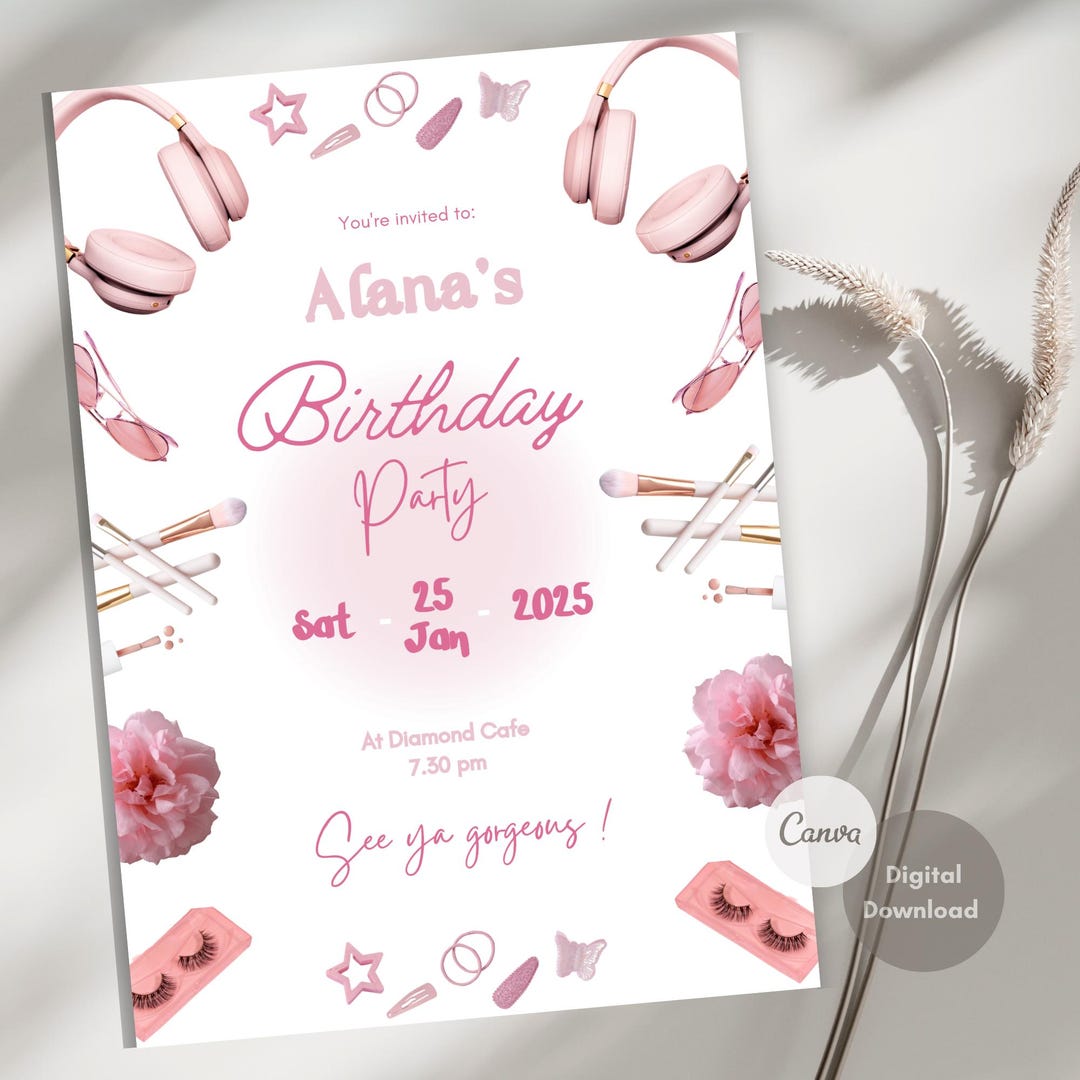 Pink Birthday Invitation Card Template Girl Birthday Invite Editable ...
