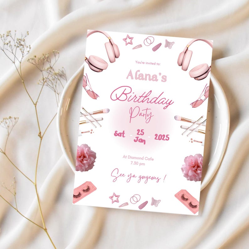 Pink Birthday Invitation Card Template Girl Birthday Invite Editable ...