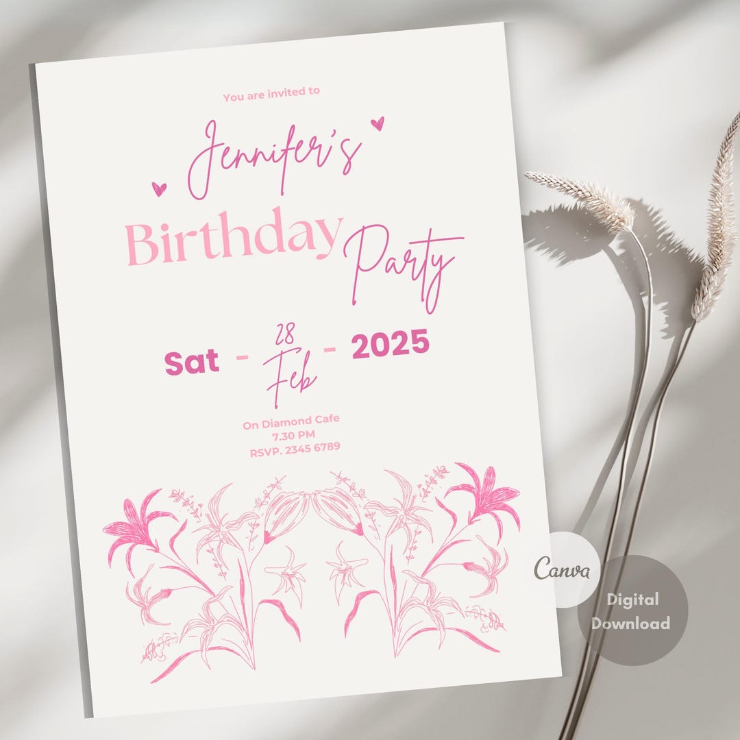 Pink Flower Birthday Invitation Card Editable Invitation Printable ...