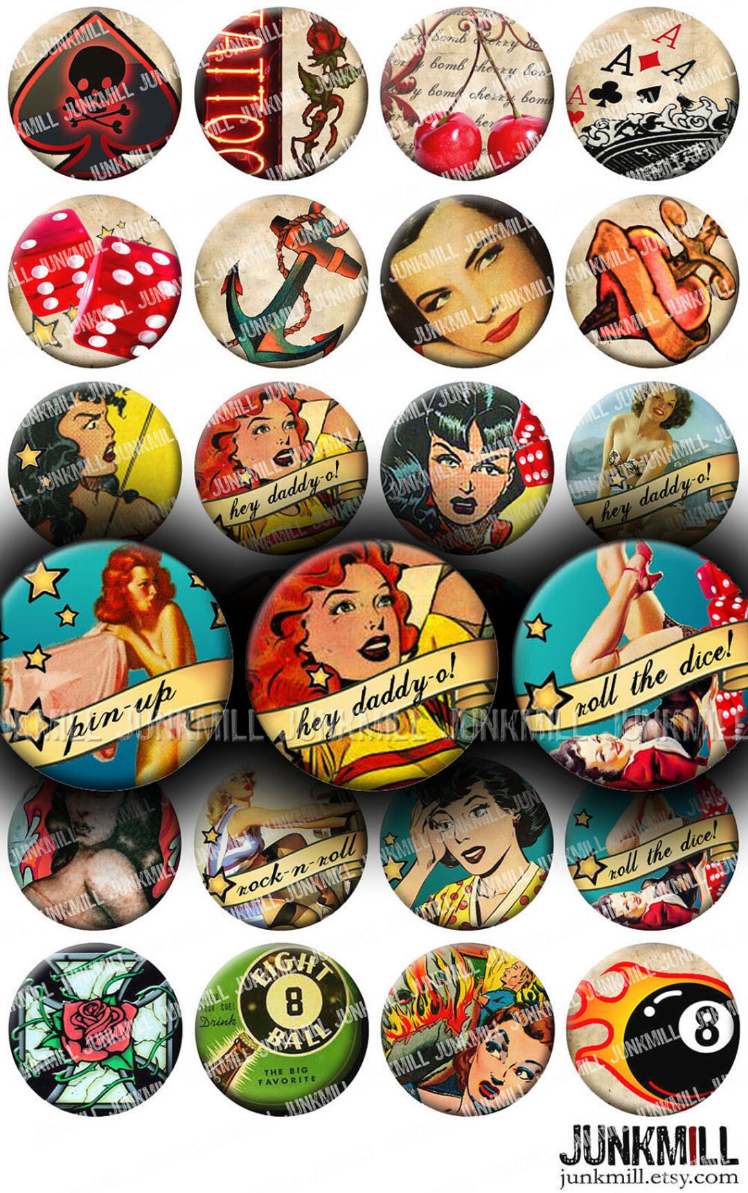 ROCKABILLY - Digital Printable Collage Sheet - 1" Circles, 25 Mm Round ...