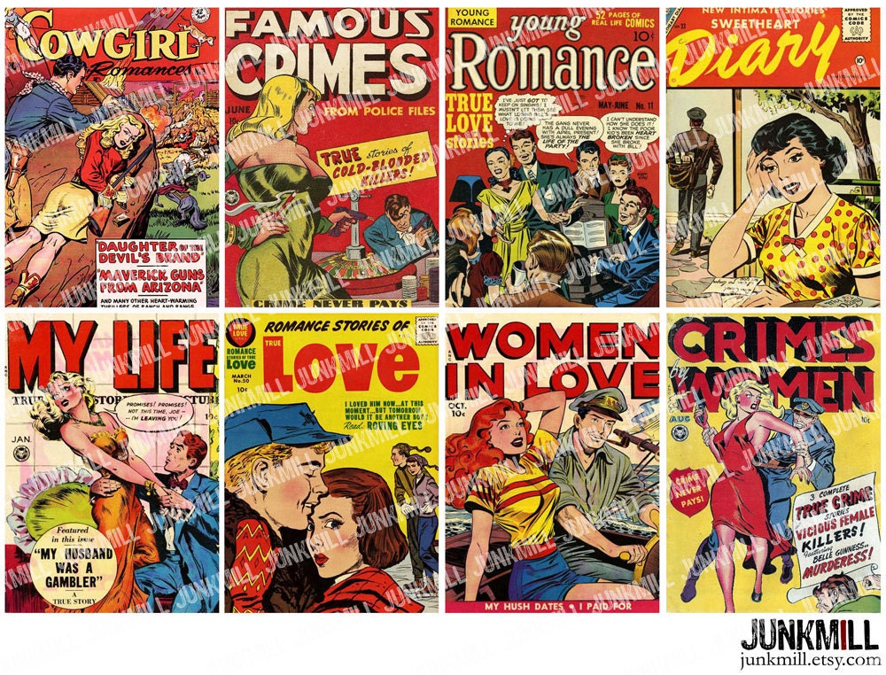 PULP ROMANCE - Digital Printable Collage Sheet - Comic Book Cover Pin ...