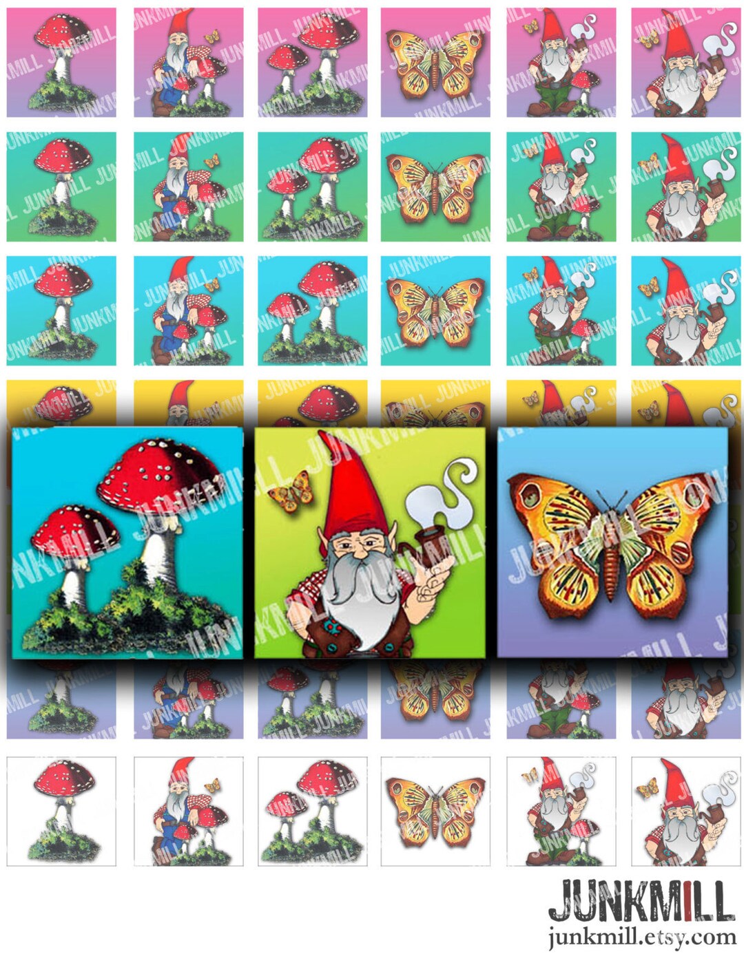 GARDEN GNOMES Digital Printable Collage Sheet Colorful Gnome Lawn ...