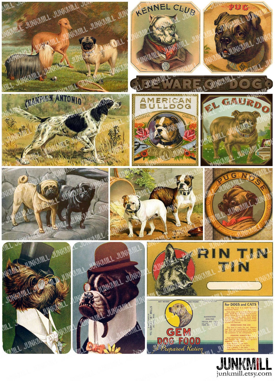 LUCKY DOG Digital Printable Collage Sheet Vintage Pugs, Bulldogs ...