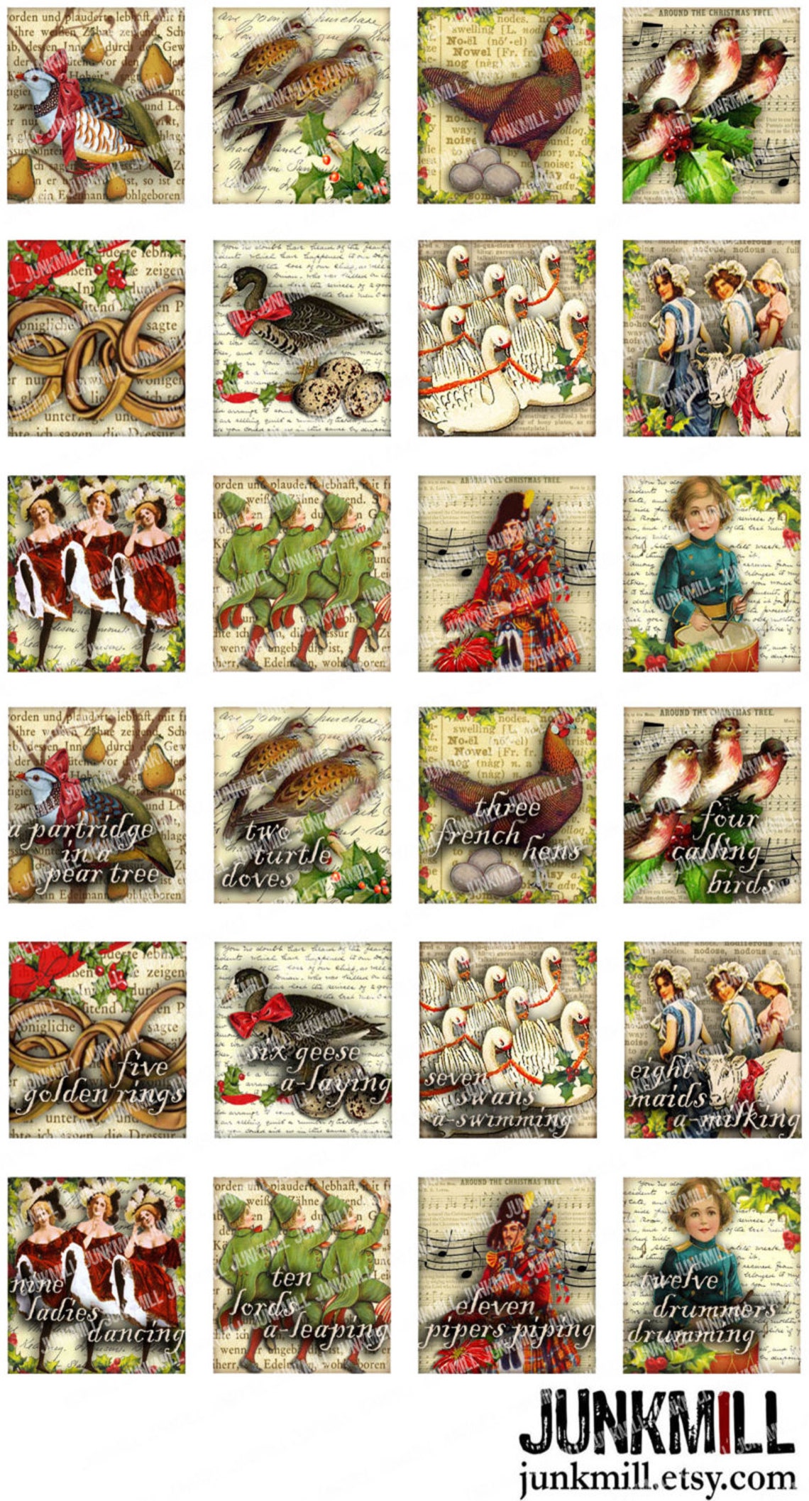 12 DAYS OF CHRISTMAS - Digital Printable Collage Sheet - Vintage Twelve ...