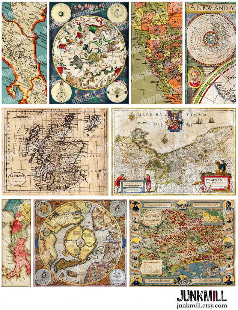 ANTIQUE MAPS - Digital Printable Collage Sheet - Colorful Vintage Star ...