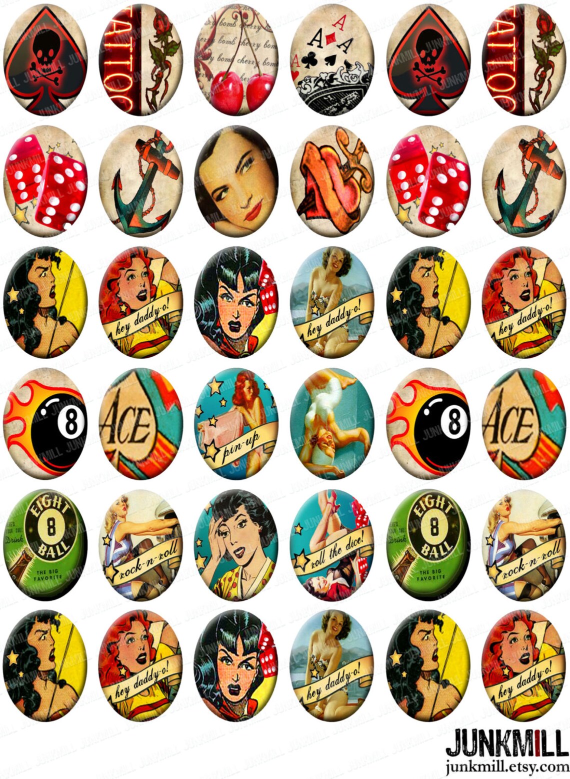 ROCKABILLY - Digital Printable Collage Sheet - 30 X 40 Mm Ovals - Retro ...