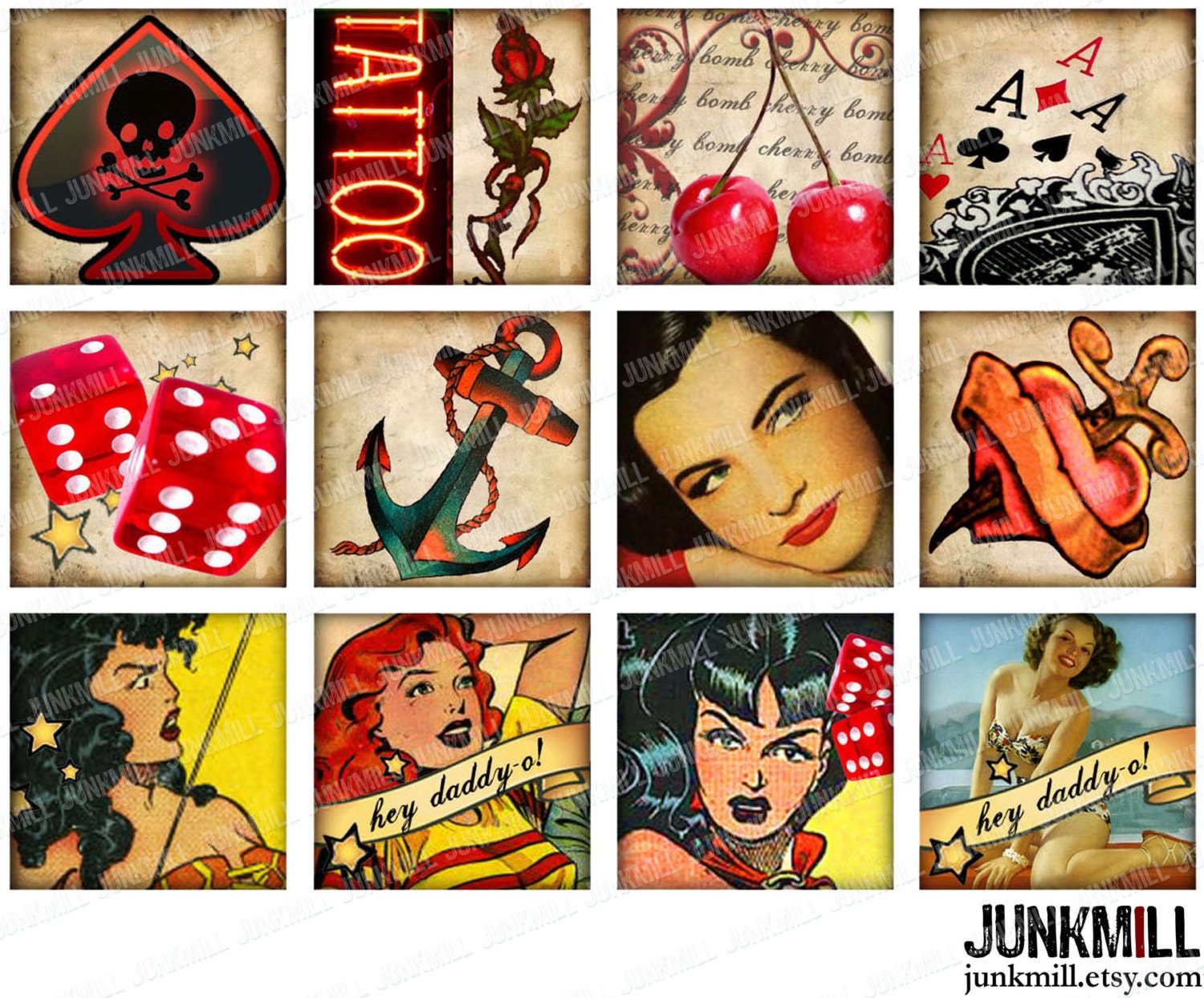 ROCKABILLY - Digital Printable Collage Sheet - 2X2 Inch Squares - Retro ...