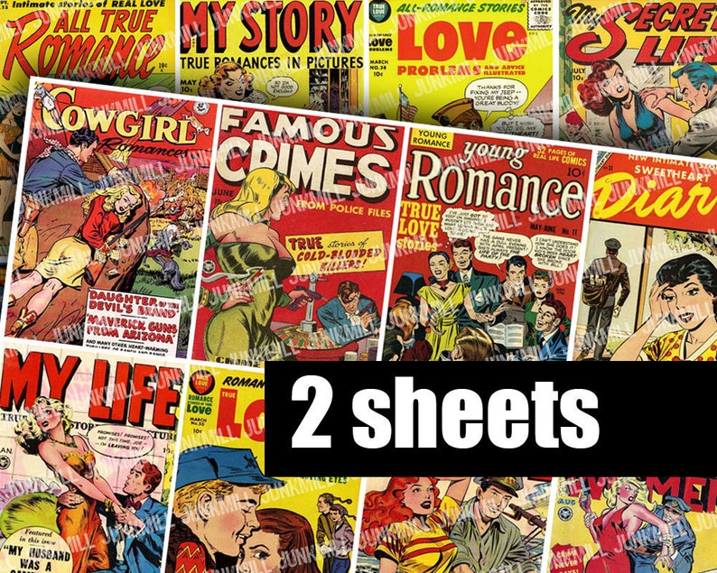 PULP ROMANCE - Digital Printable Collage Sheet - Comic Book Cover Pin ...