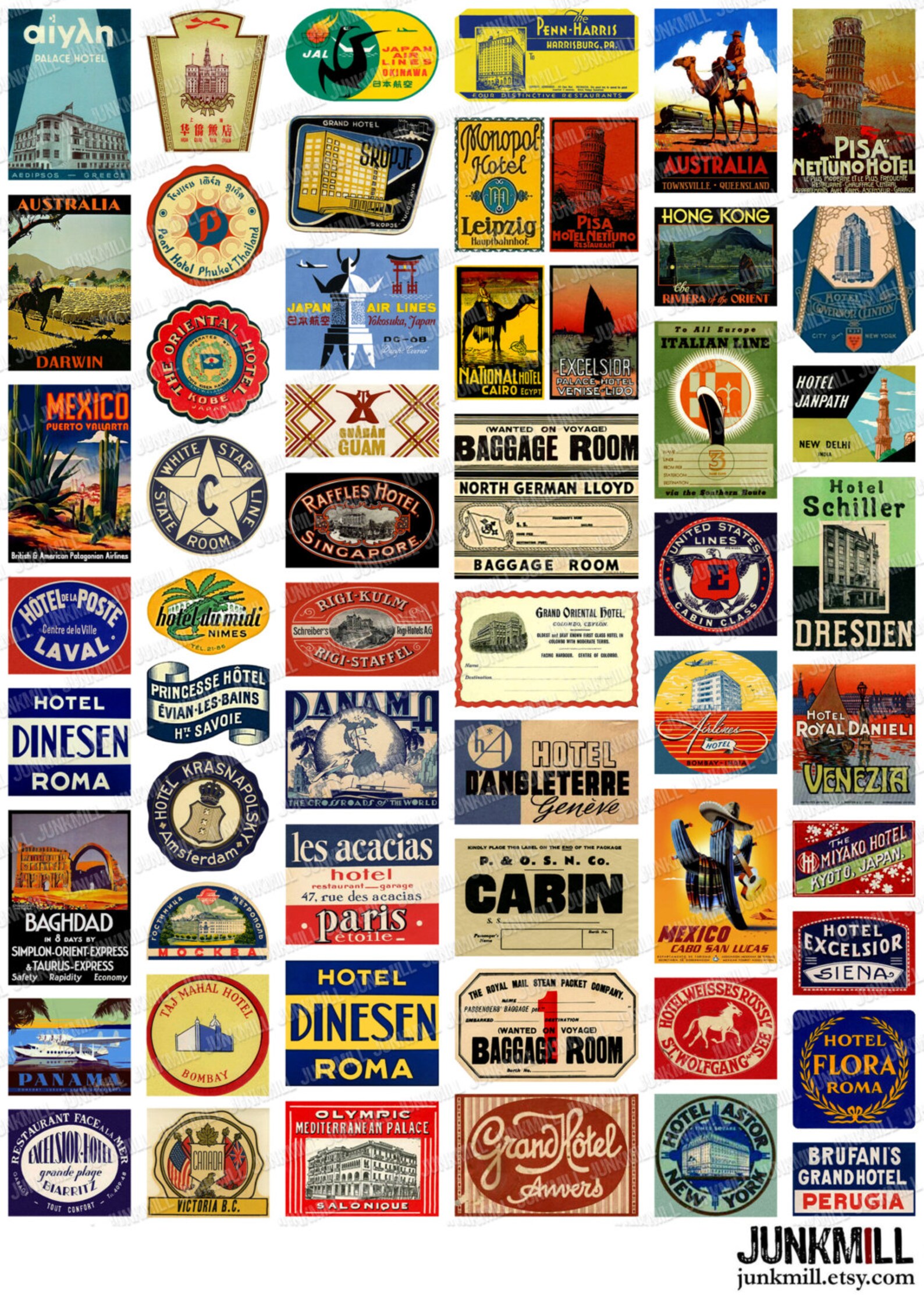 TINY TRAVEL LABELS - Digital Printable Collage Sheet - Vintage Travel ...