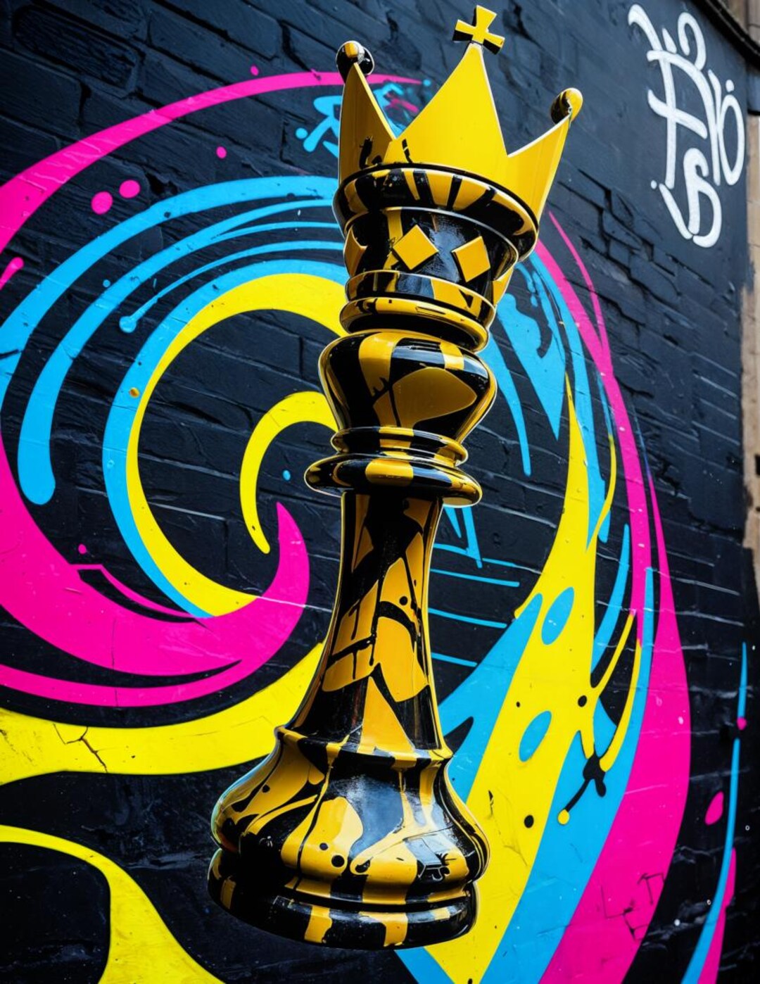 Chess Queen Wall Art, Street Art Chess Piece, Yellow Crown Neon ...