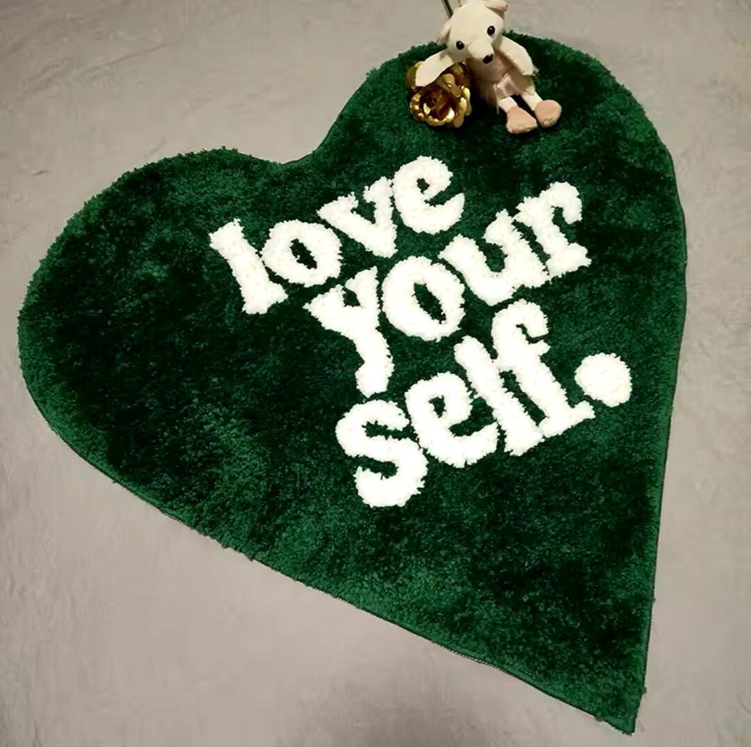 Green Tufting Heart Love Yourself Bedroom Rug Fluffy Letters Carpet ...
