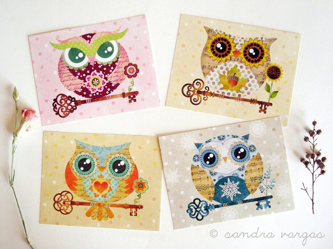 Four Seasons Owls Postcard Set With Envelopes, Postcrossing, Snail Mail ...