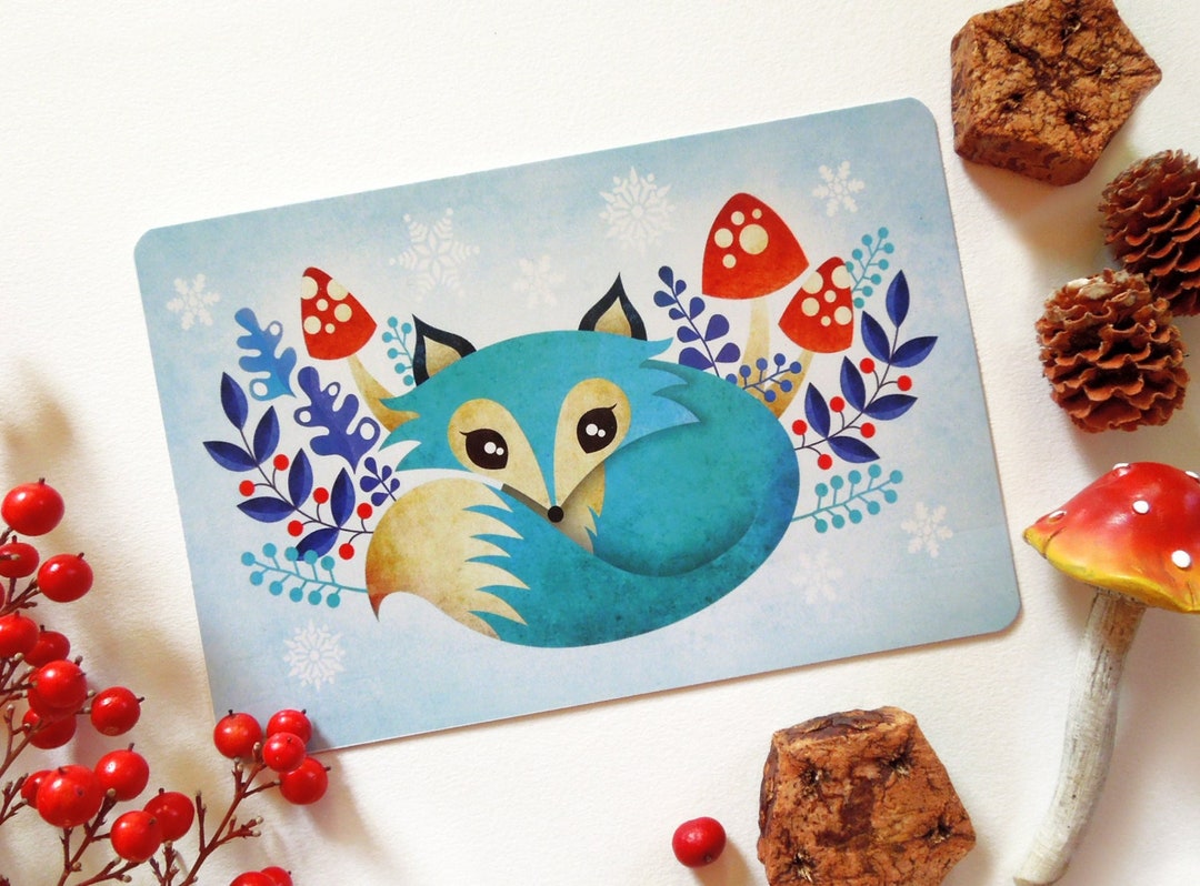Winter Fox Postcard, Blue Fox, Whimsical Animals Limited Edition ...