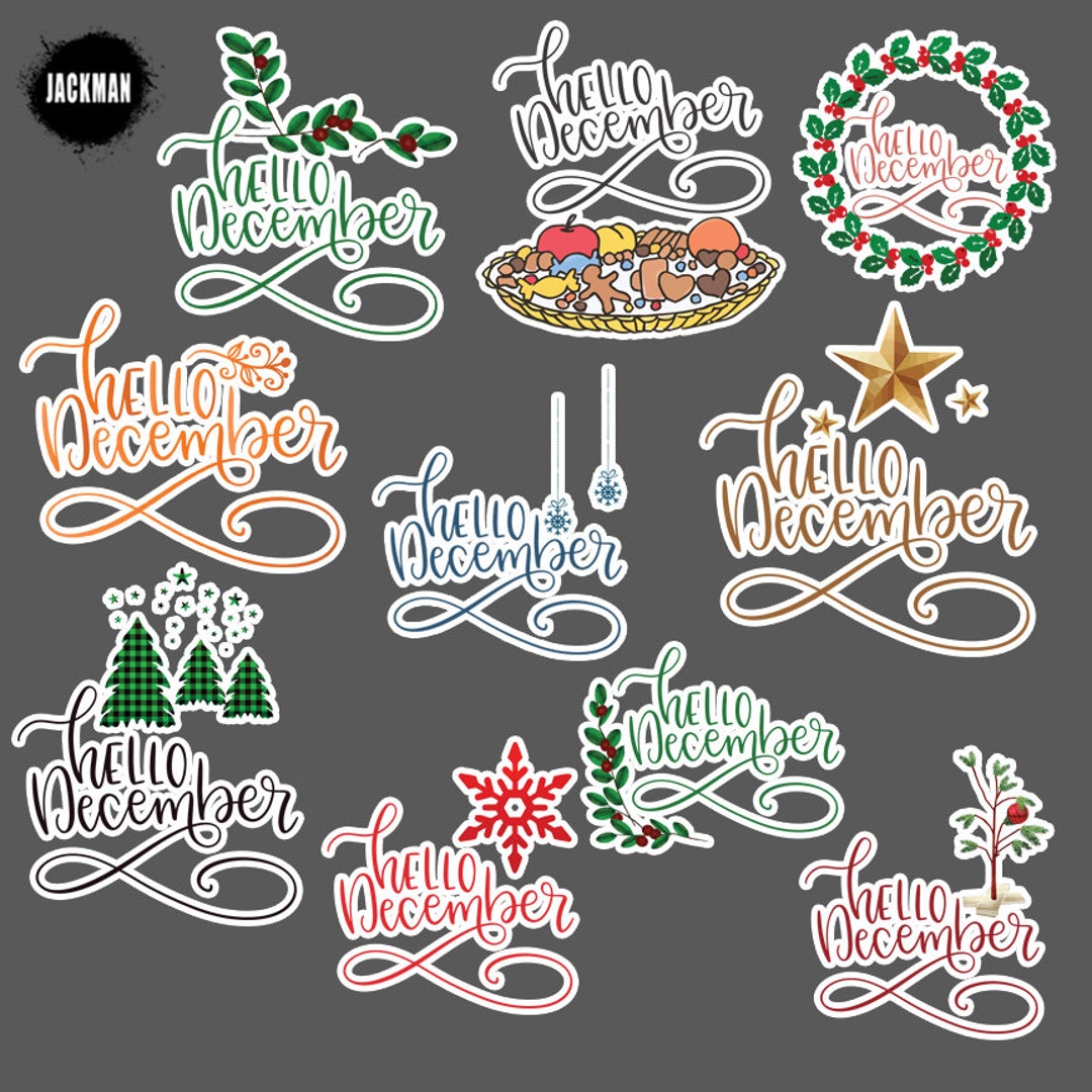 Hello December Winter Line Art Wordart, Digital Sticker Template ...