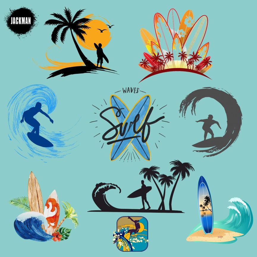Summer Surfing Waves Surfer Surfboard Ocean, Digital Sticker Template ...